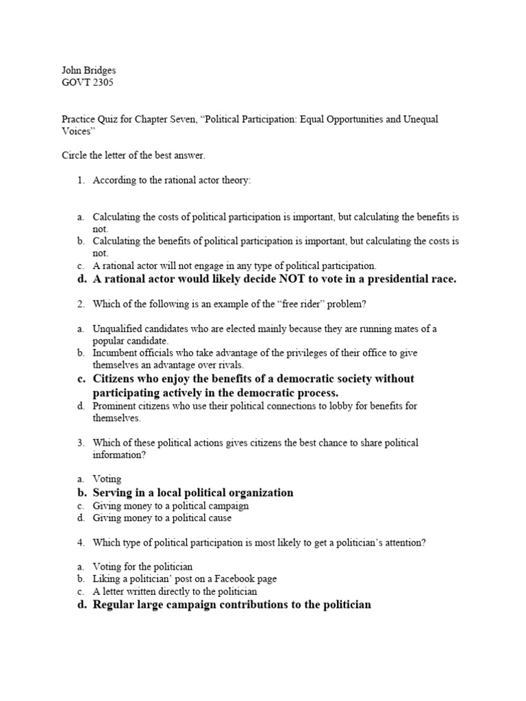 Political Participation Quiz: Chapter 7 | PDF | Voting | Voter Turnout