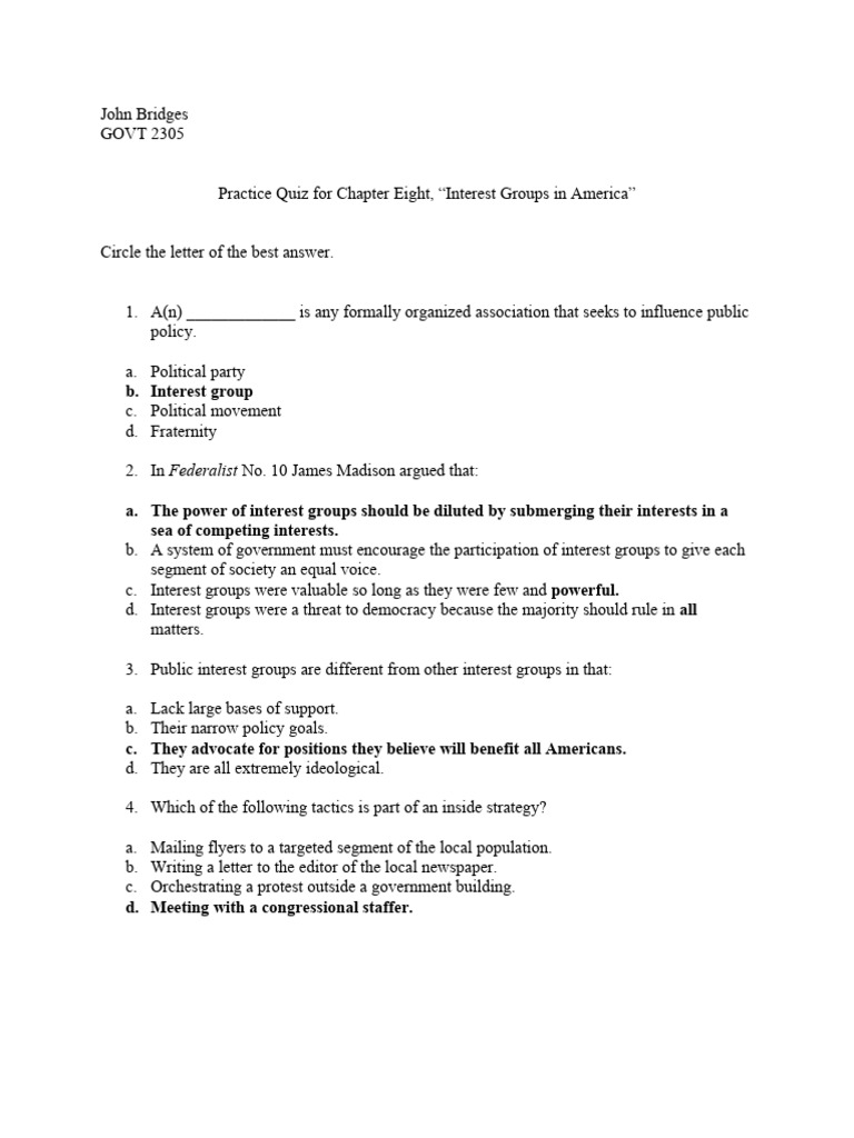 Practice Quiz Chapter 8 (1) - Tagged | PDF | Advocacy Group | Political ...