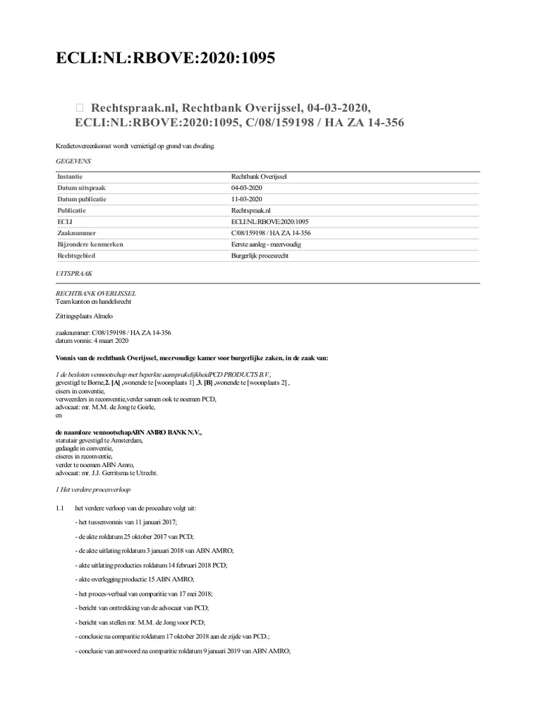 Kredietovereenkomst Vernietigt Wegens Dwaling | PDF