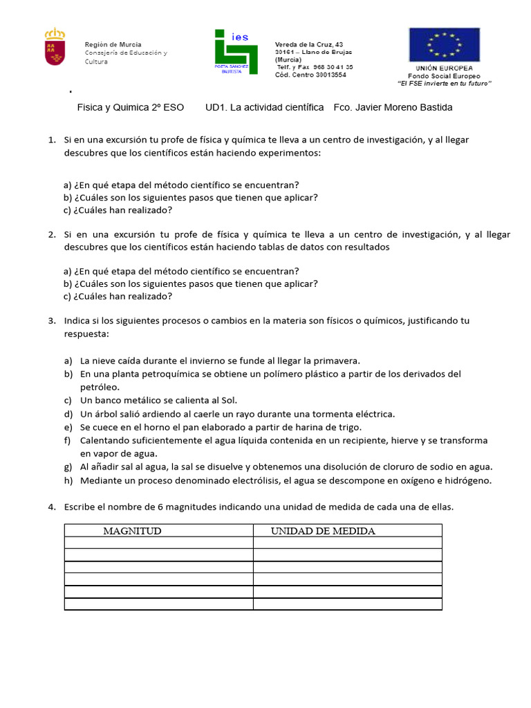 HOJA 1 METODO CIENTÍFICO, CAMBIO FÍSICO Y QUÍMICO MAGNITUDES. Repaso | PDF