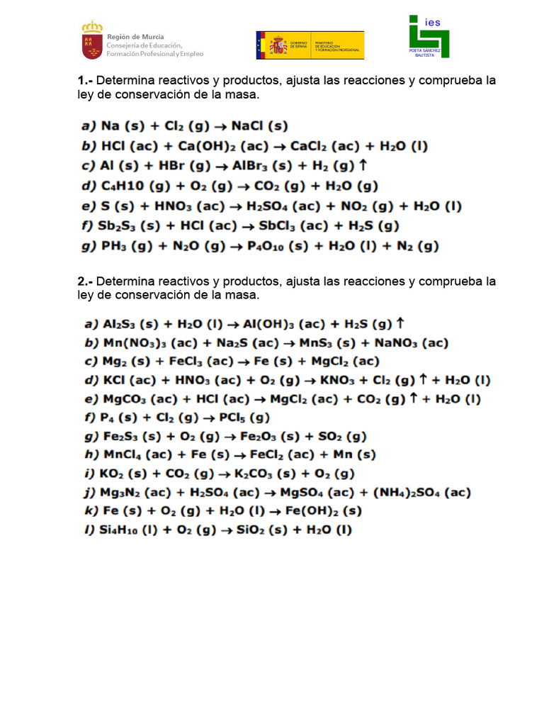 Ficha ejercicios UD6. Reacciones químicas. | PDF