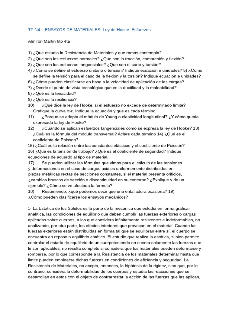 TP N4 - Ensayos de Materiales. Ley de HOOKE. Esfuerzos. | PDF | Deformación (ingeniería ...