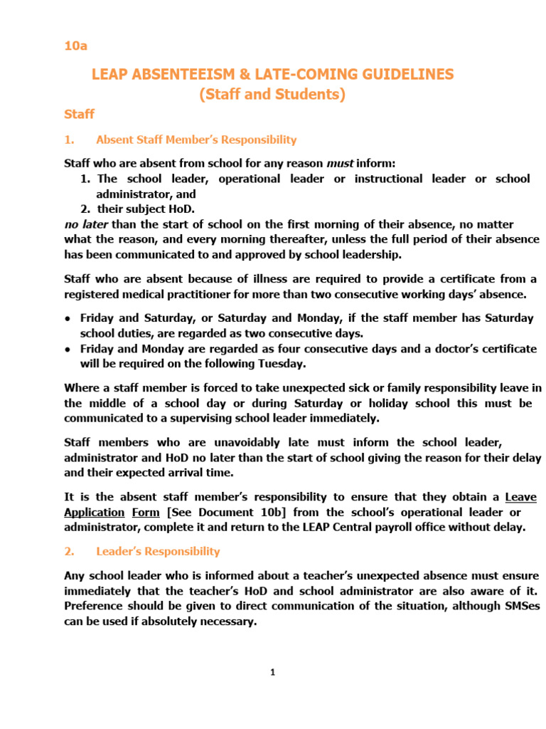LEAP Absenteeism & Late-Coming Guidelines | PDF | Teachers