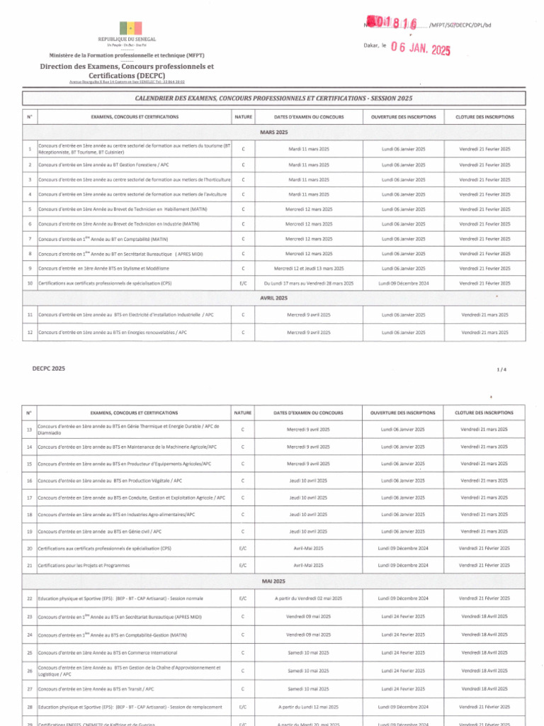 Calendrier Des Examens Et Concours de La DECPC Session 2025 | PDF