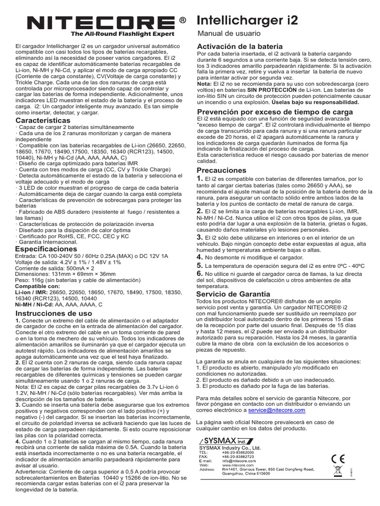 Manual Nitecore Intellicharger I2 Es | PDF | Cargador de batería ...