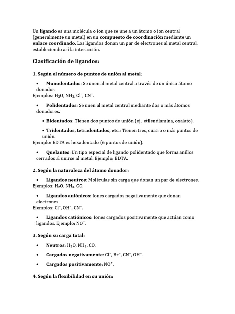 Tipos y propiedades de ligandos en química | PDF | Ligando | Química Física