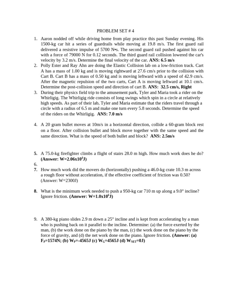 Chapter 4 Problem Set Momentum & Energy | PDF | Horsepower | Force