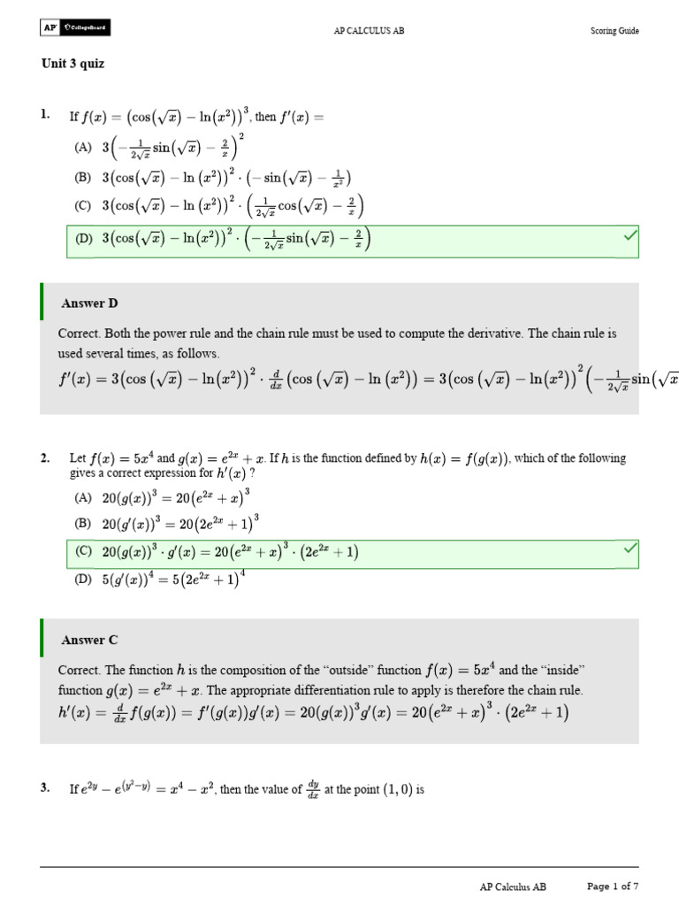 AP Calculus AB Chain Rule Quiz Guide | PDF | Function (Mathematics ...