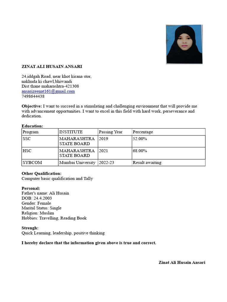Zinat Ansari Resume: Education & Skills | PDF