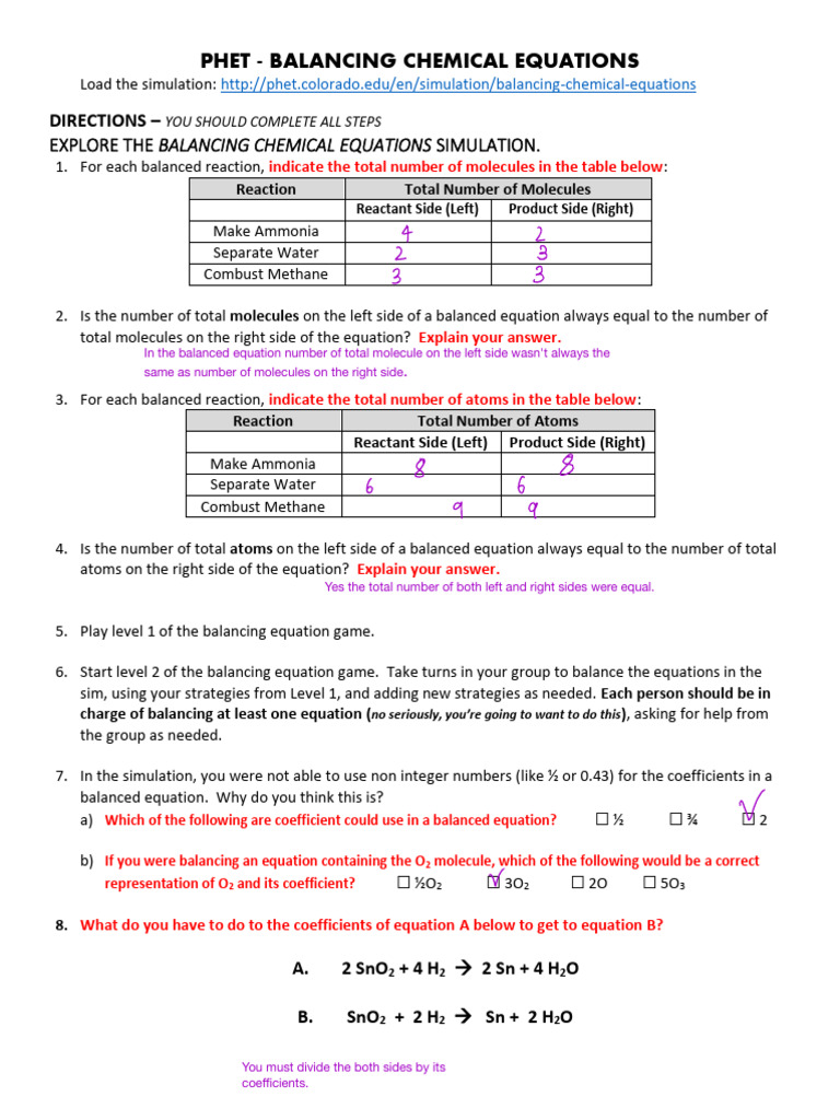 Phet Balancing Equations Pdf Chemical Reactions Chemistry