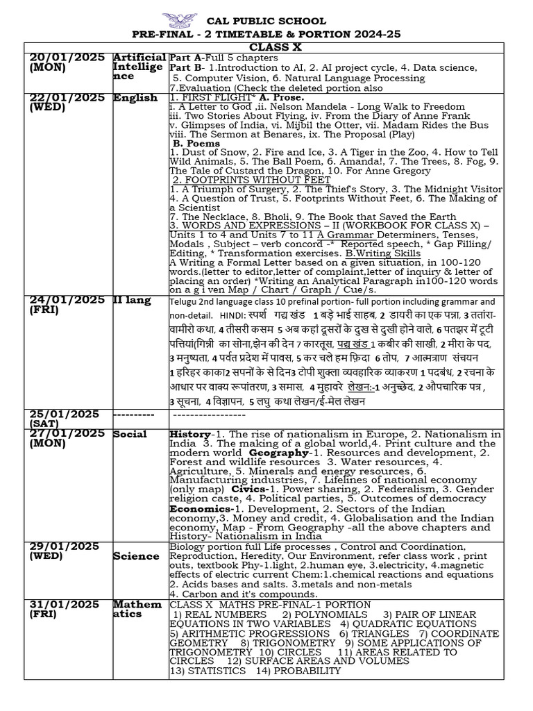 Class X Pre Final 2 Portion and Time Table Dec 2024 | PDF | Equations | Mathematics