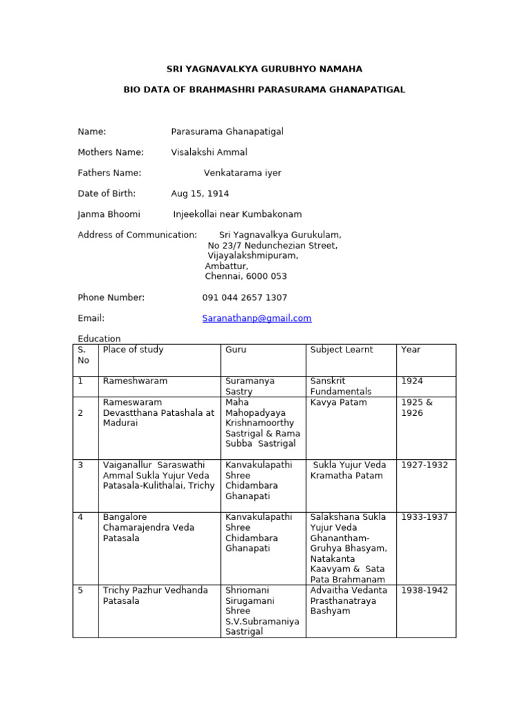 Parasurama Ganapadigal - Updated Bio Data | PDF | Vedas | Indian Religions