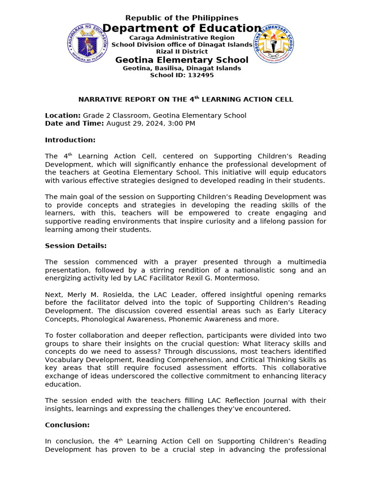 Narrative Report on the 4th Learning Action Cell | PDF | Literacy ...