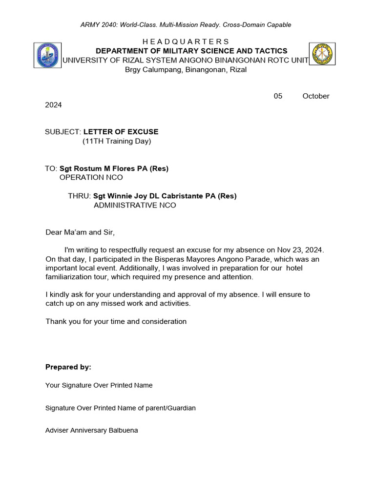 Excuse Letter Sample - Template | PDF