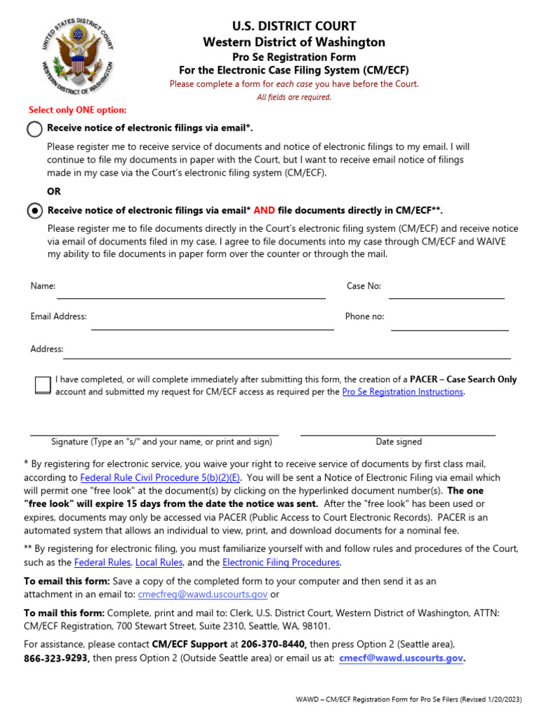 ECFRegistration Formfor Pro Se Filers | PDF | Cm/Ecf | Common Law