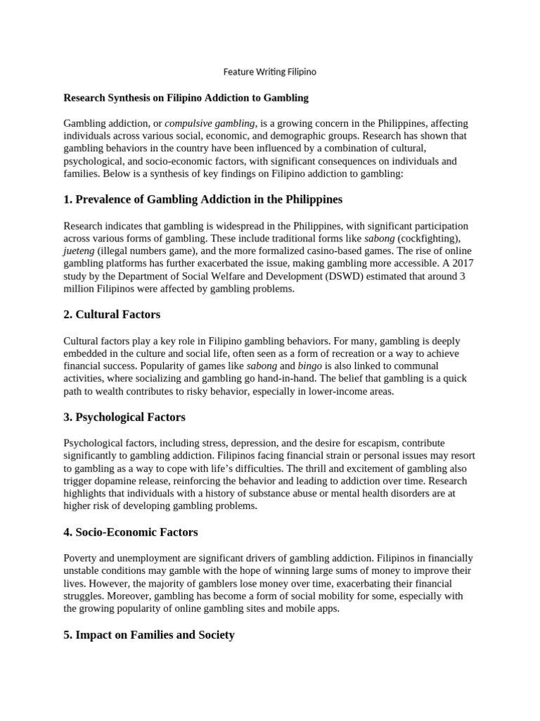 Feature Writing Filipino | PDF | Problem Gambling | Drug Rehabilitation