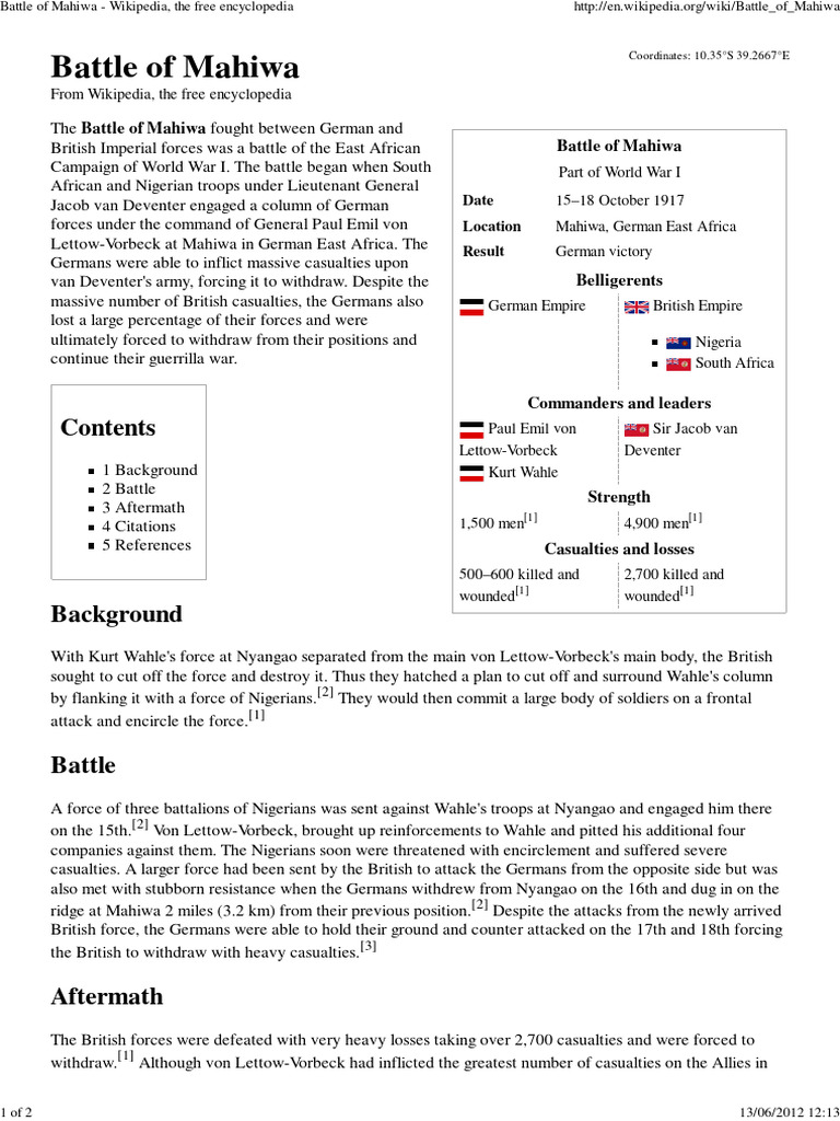 Battle of Mahiwa - Wikipedia, The Free Encyclopedia | PDF | Military Operations | Conflicts
