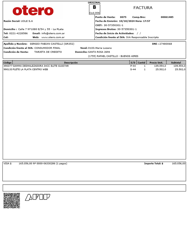 Factura UOLE S.A. - 10/10/2024 | PDF | Tecnología bancaria | Pagos