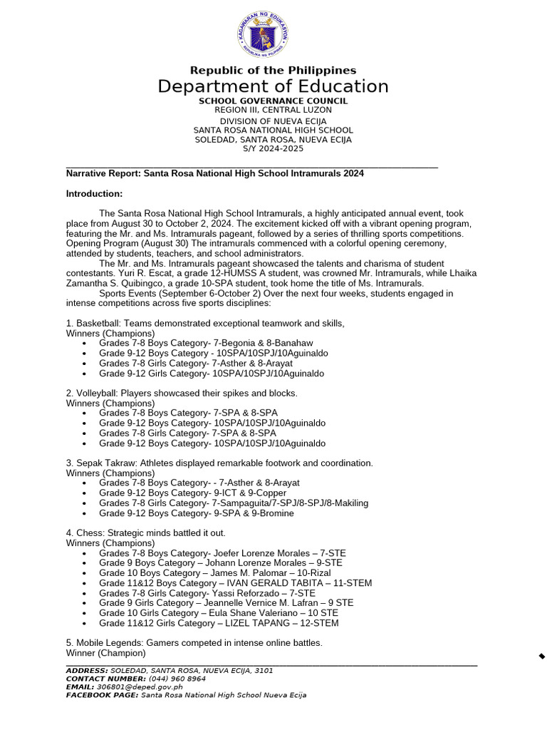 intrams narrative report | PDF | Team Sports | Ball Games