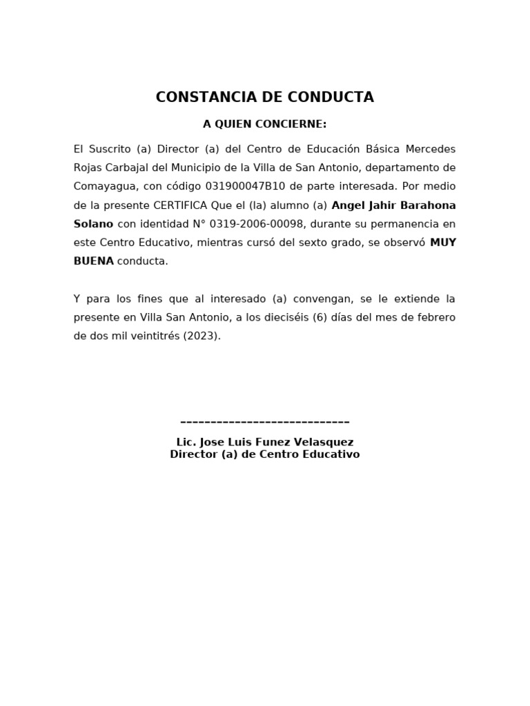 Constancia de Conducta Escolar | PDF