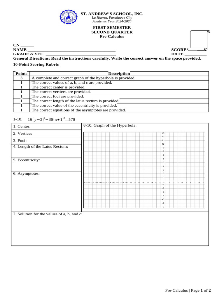 Pre-Calculus Hyperbola Assessment | PDF