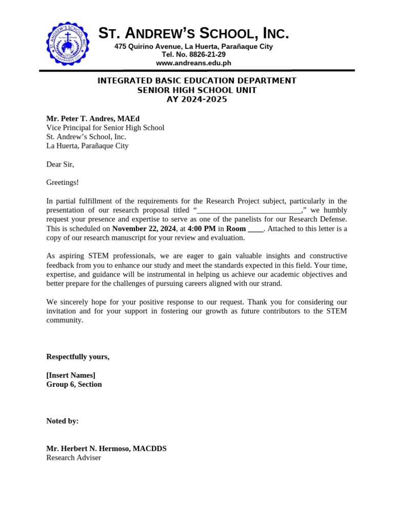 Sample Letter To The Panelist - Research Project | PDF