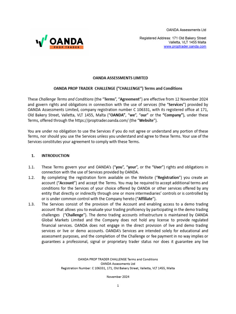 OANDA Prop Trader - Terms and Conditions | PDF | Fee | Contractual Term