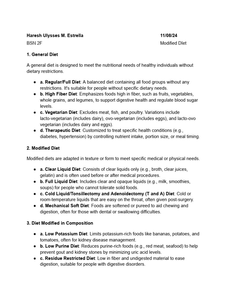 MODIFIED DIET | PDF | Diet (Nutrition) | Diet & Nutrition