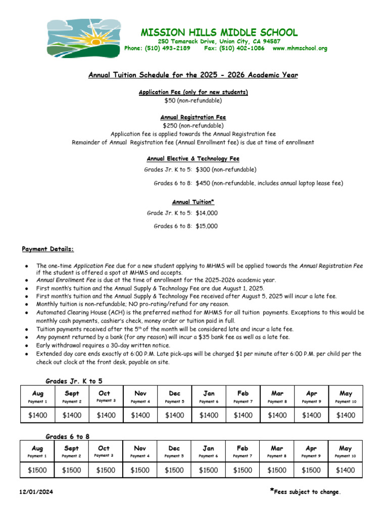 Mission Hills Middle School Tuition 2025-2026 | PDF | Fee | Tuition ...