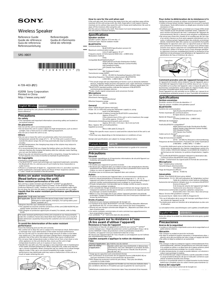 Manual de Usuario Sony SRS-XB10 (Español - 2 Páginas) | PDF | Hertz | Computer Engineering
