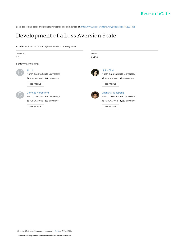Loss Aversion Scale Development | PDF | Risk | Risk Aversion