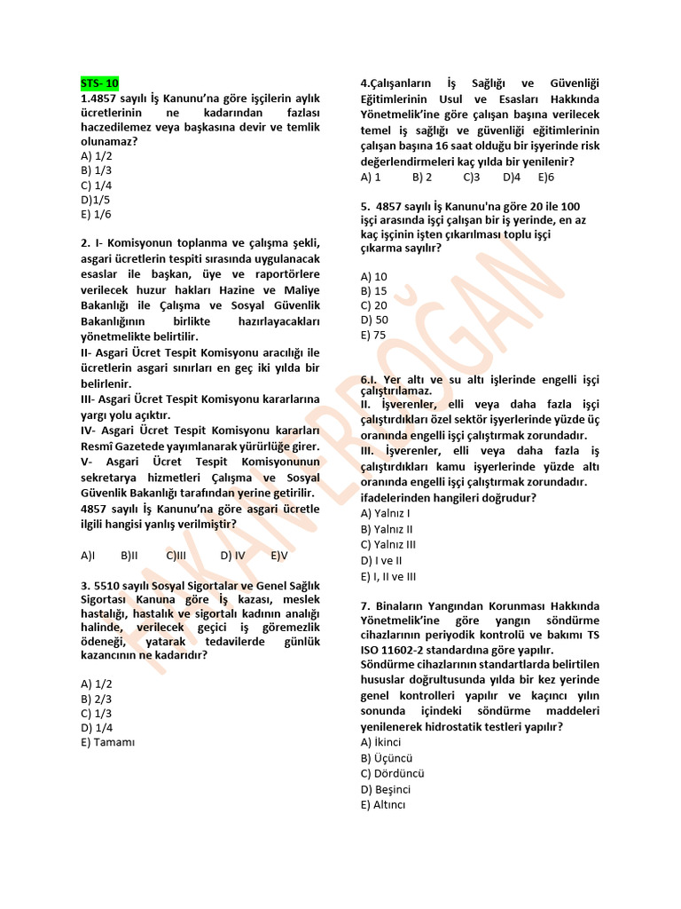 İSG SINAVLARI DENEME SINAVI STS-10 SORU Ve CEVAPLARI 2024 | PDF