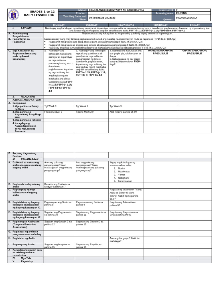 DLL - Filipino 5 - Q1 - W9 | PDF