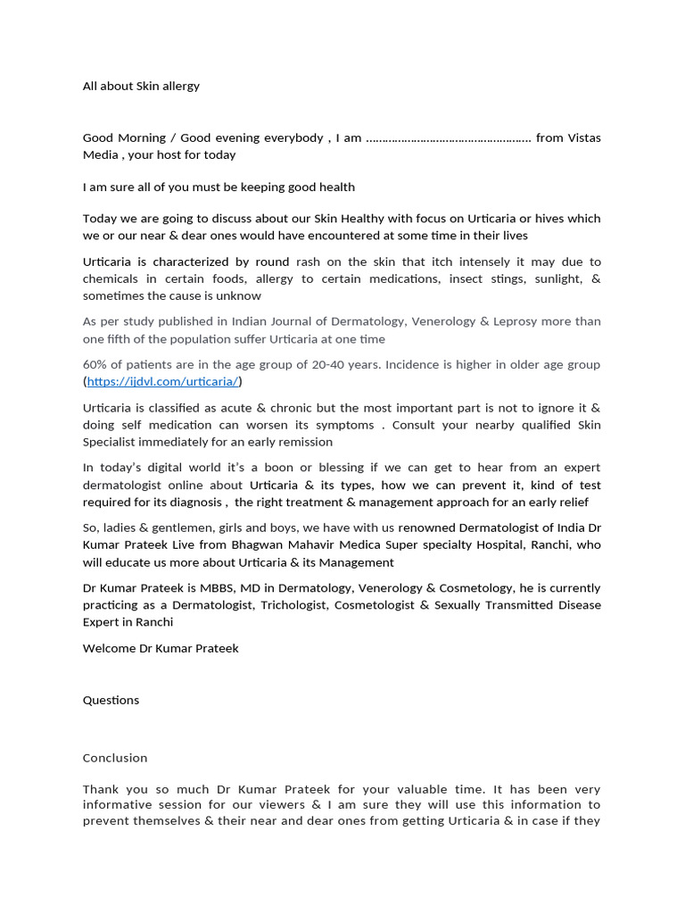 All About Skin Script for Lives Jun'22 (1) | PDF | Dermatology | Allergy