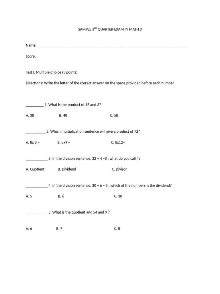 Sample 3RD Quarter Exam in Math 3 | PDF | Division (Mathematics ...