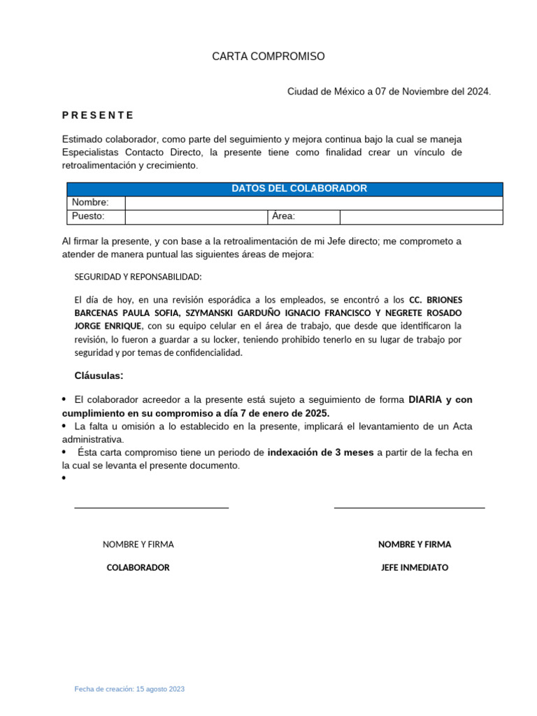 Carta Compromiso de Mejora Continua | PDF