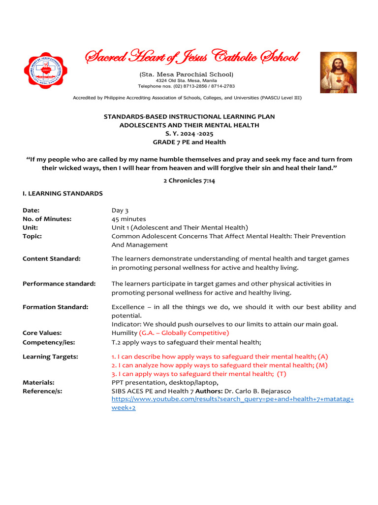 MATATAG PE and Health 7 Day 3 | PDF | Mental Health | Learning