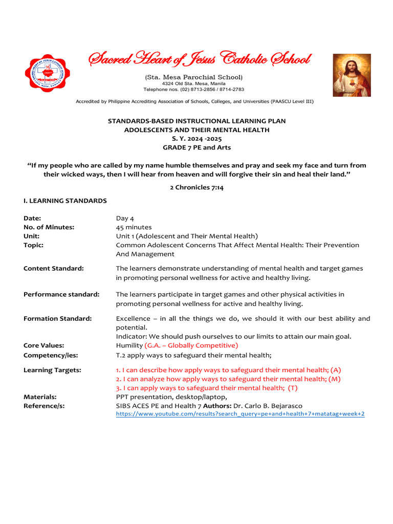 Grade 7 Mental Health Lesson Plan | PDF | Adolescence | Mental Health