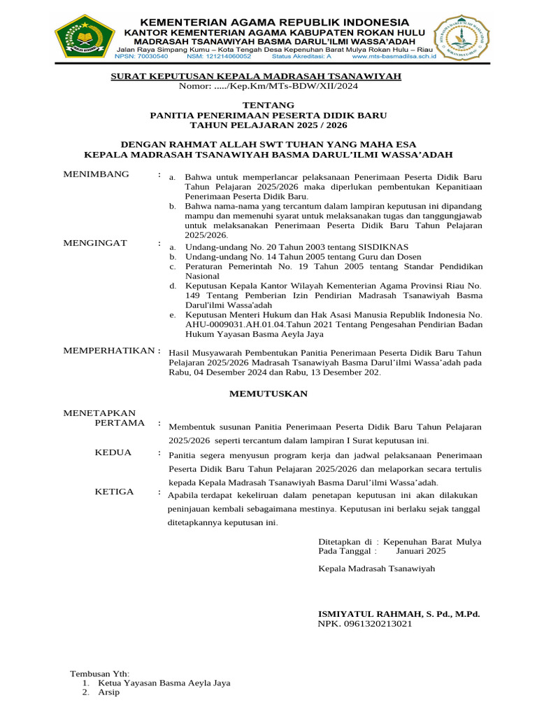 Sk Ppdb Mts 2025-2026 Gabungan Mts Basma Dilsa (1) (2) | PDF