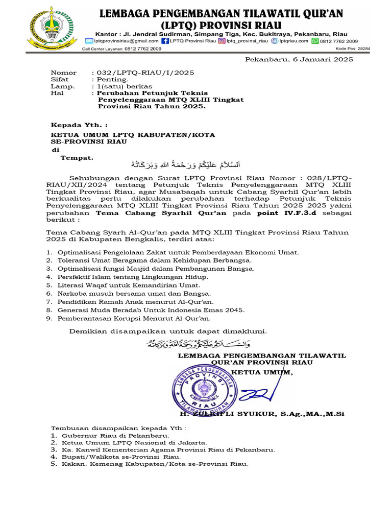 Surat Ke LPTQ Kab Kota Perubahan Juknis MTQ Prov Riau | PDF
