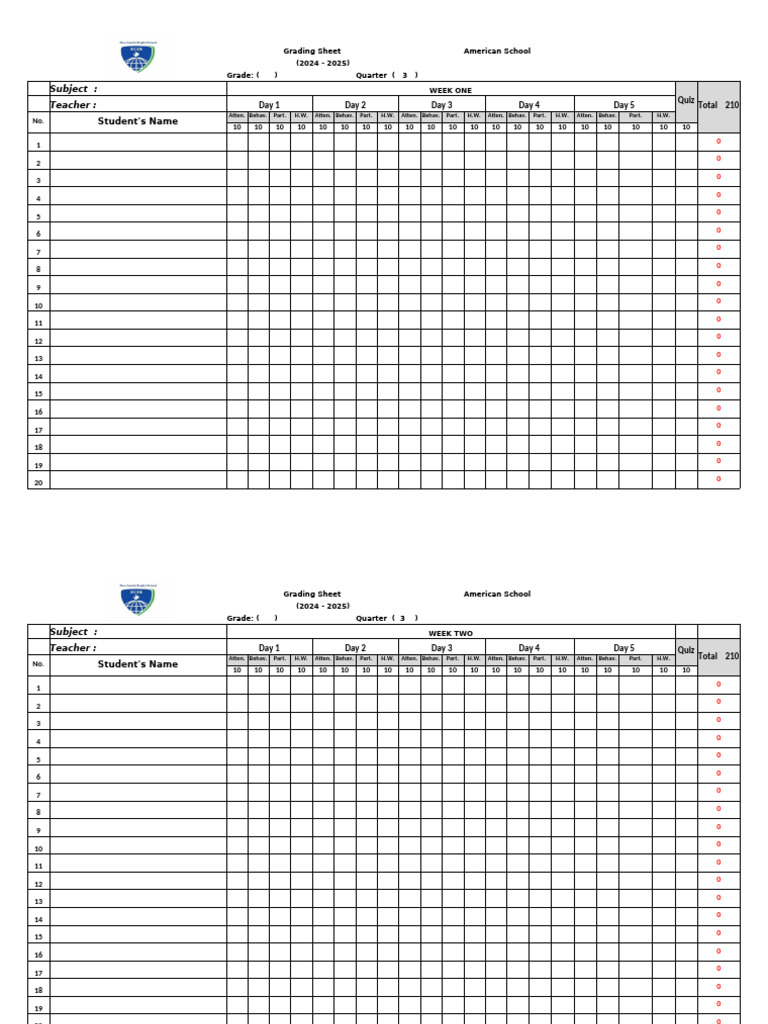 Weekly Grading Sheet 5 Sessions | PDF
