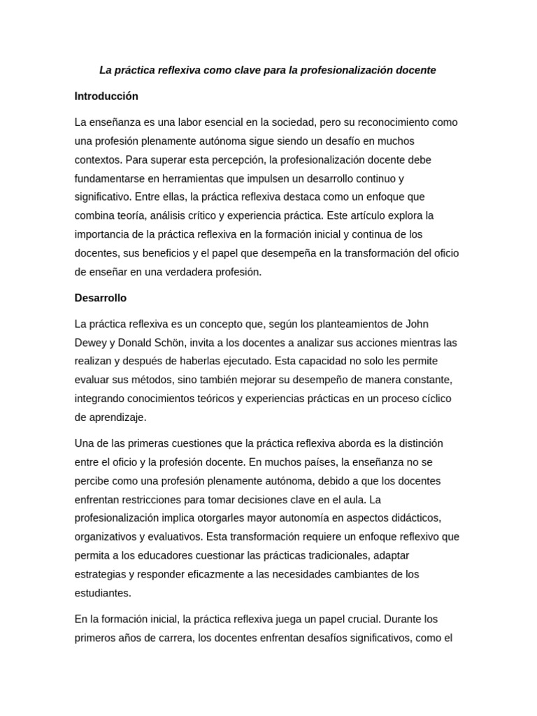 La práctica reflexiva como clave para la profesionalización docente | PDF | Enseñando | Maestros