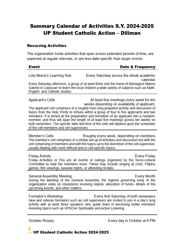 Summary Calendar of Activities [UPSCA] | PDF | Mass (Liturgy ...