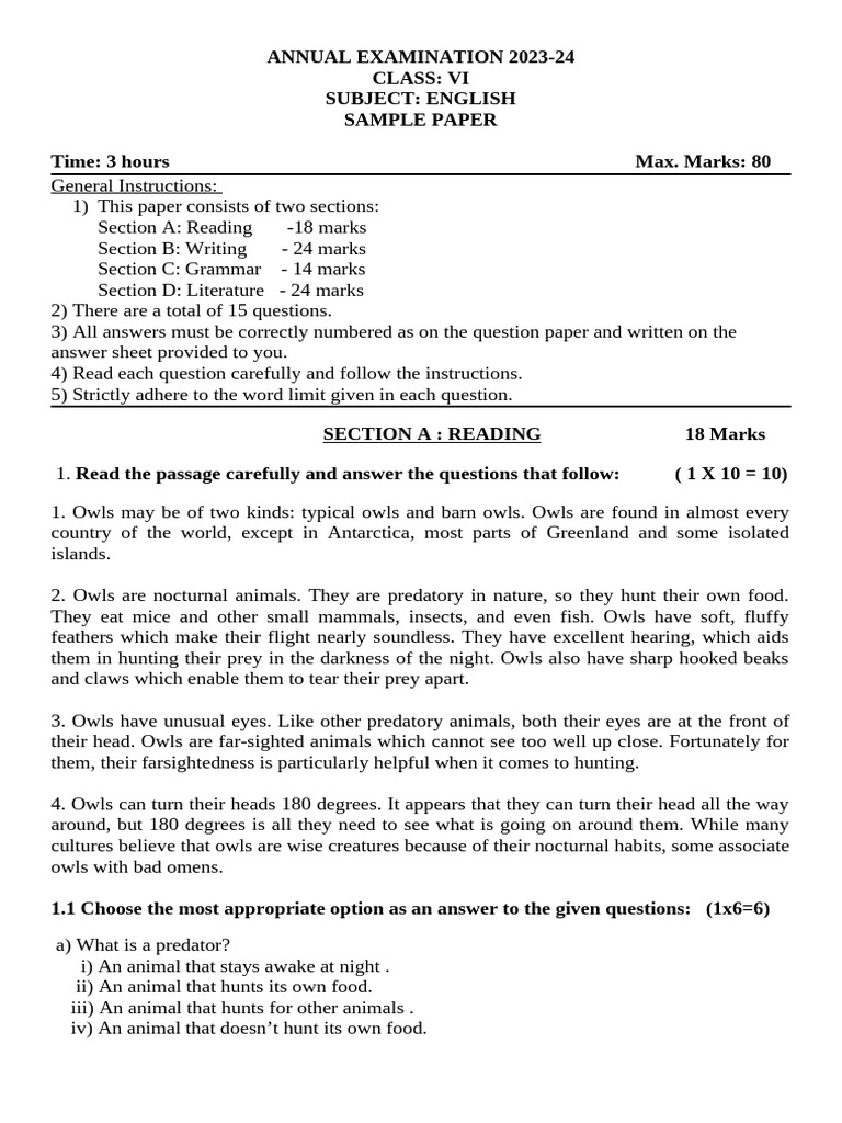 CLASS VI_ENGLISH_SAMPLE PAPER_TERM 2-2023 | PDF | Owl | Predation