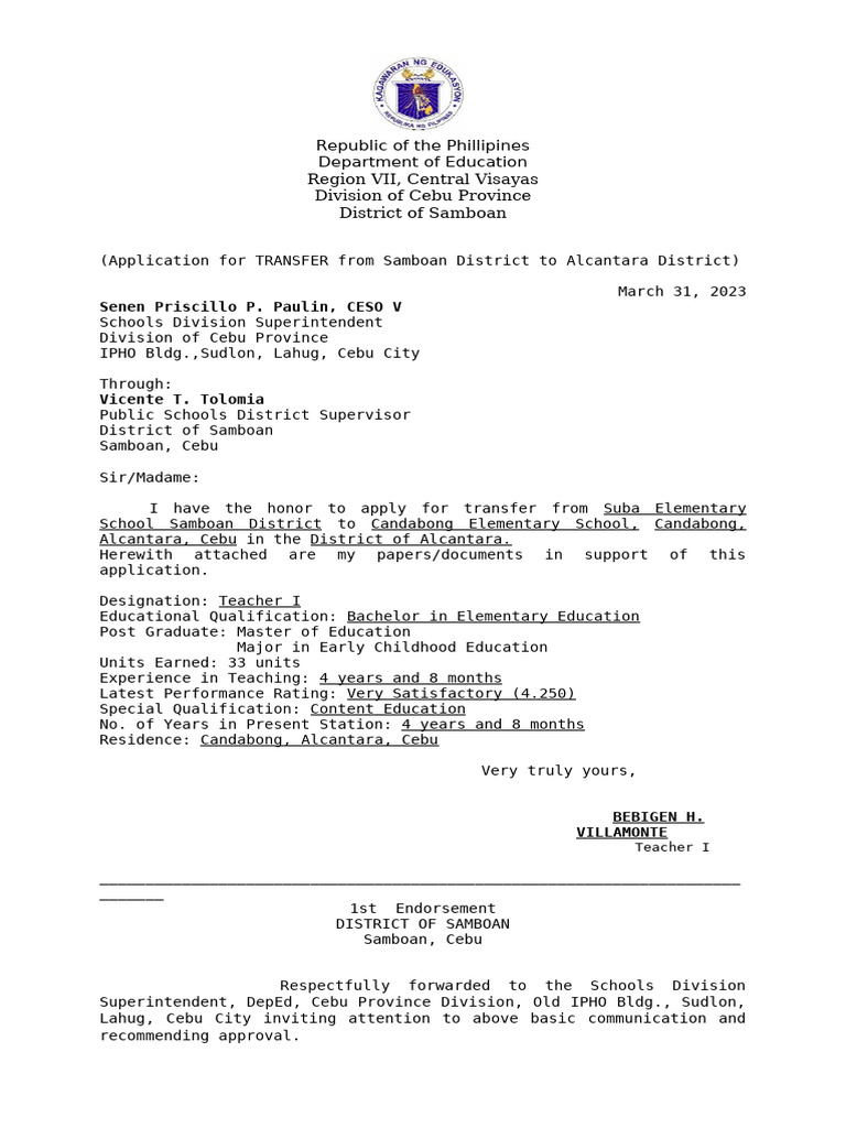 1application, 2nd Endorsement For Transfer | PDF