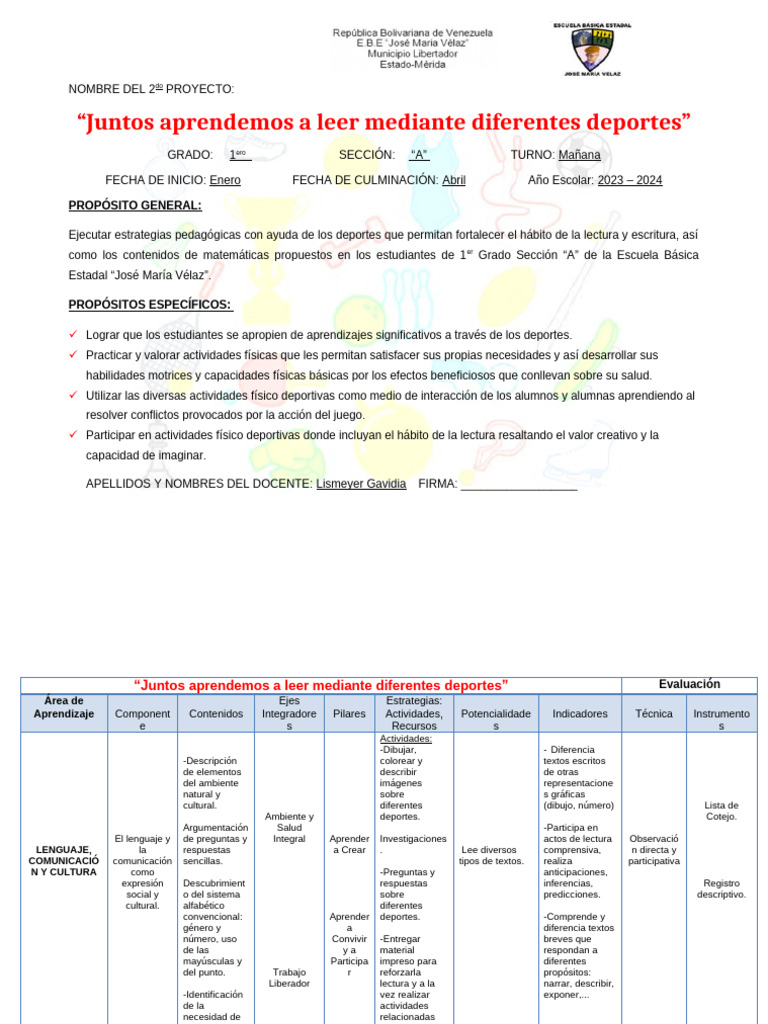 2do Proyecto Juntos Aprendemos A Leer Mediante Los Deportes | PDF ...