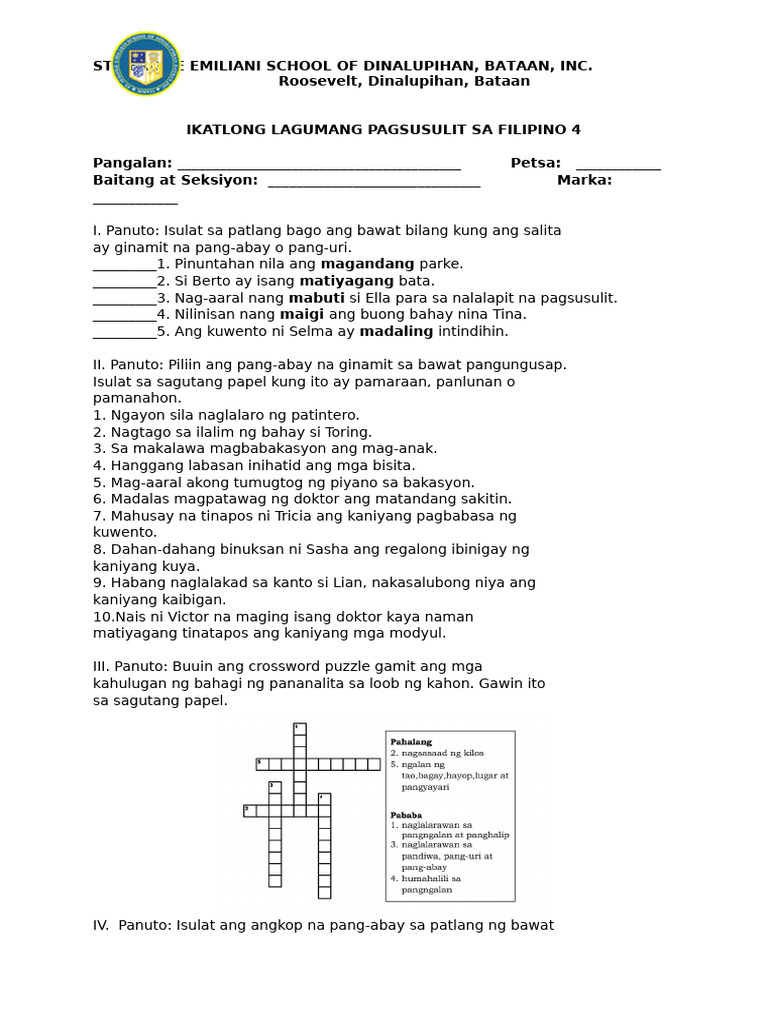 Ikatlong Lagumang Pagsusulit Sa Filipino 4 | PDF