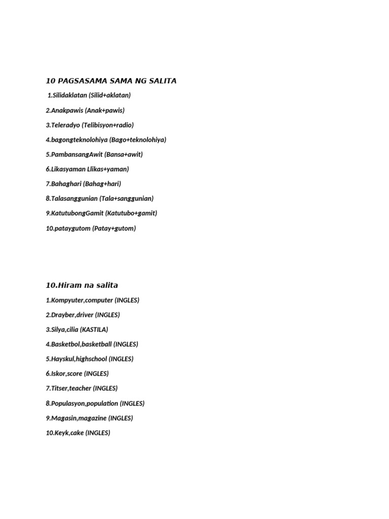 10 Pagsasama Sama NG Salita | PDF