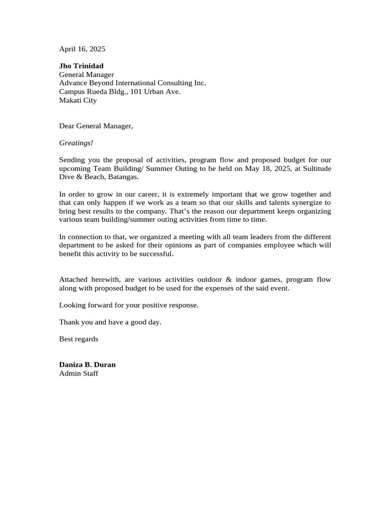 Team Building Proposal 2025 | PDF | Lunch