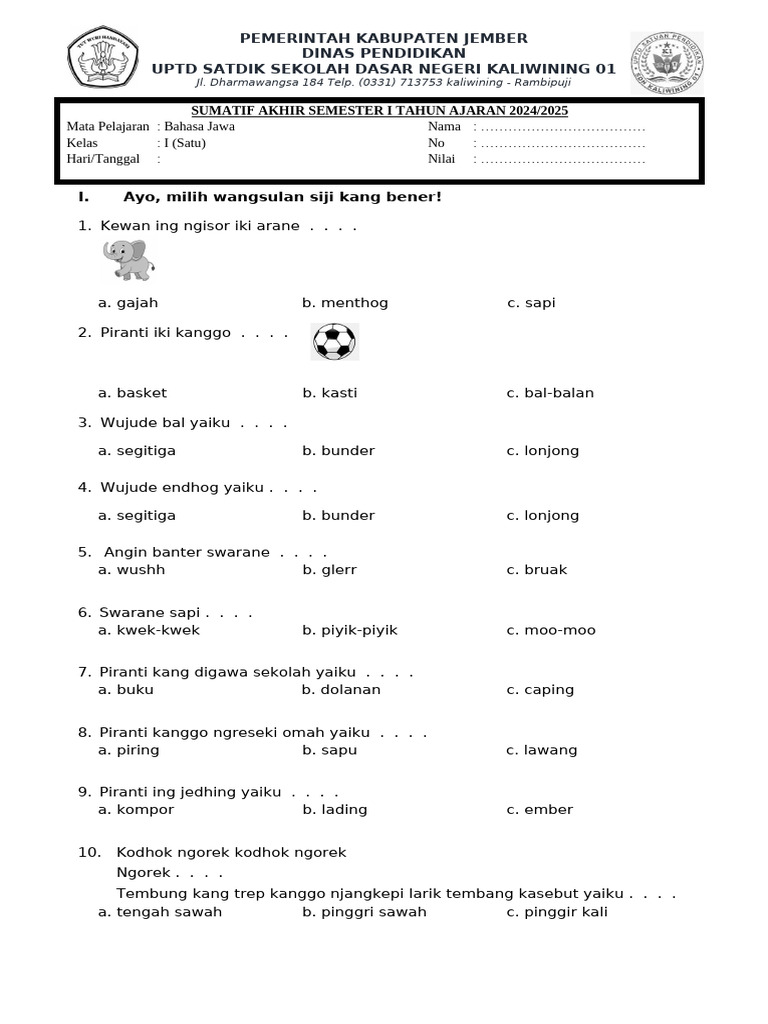 KLS1 SAS Bhs Jawa S1 TH 2024 (21 Anak) | PDF